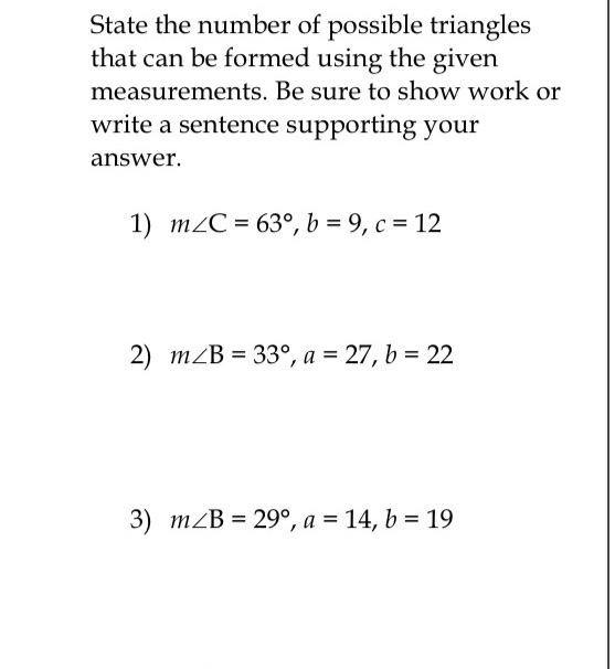 Solved Solve the SSA triangle. Indicate whether the given | Chegg.com