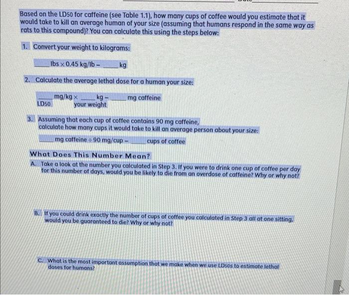 Solved Based on the LD50 for caffeine (see Table 1.1), how | Chegg.com
