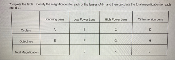 Solved Complete the table: Identify the magnification for | Chegg.com