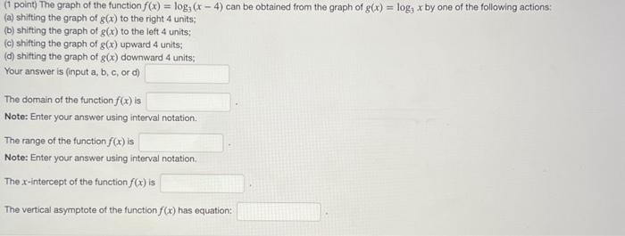 Solved (1 point) The graph of the function f(x)=log3(x−4) | Chegg.com