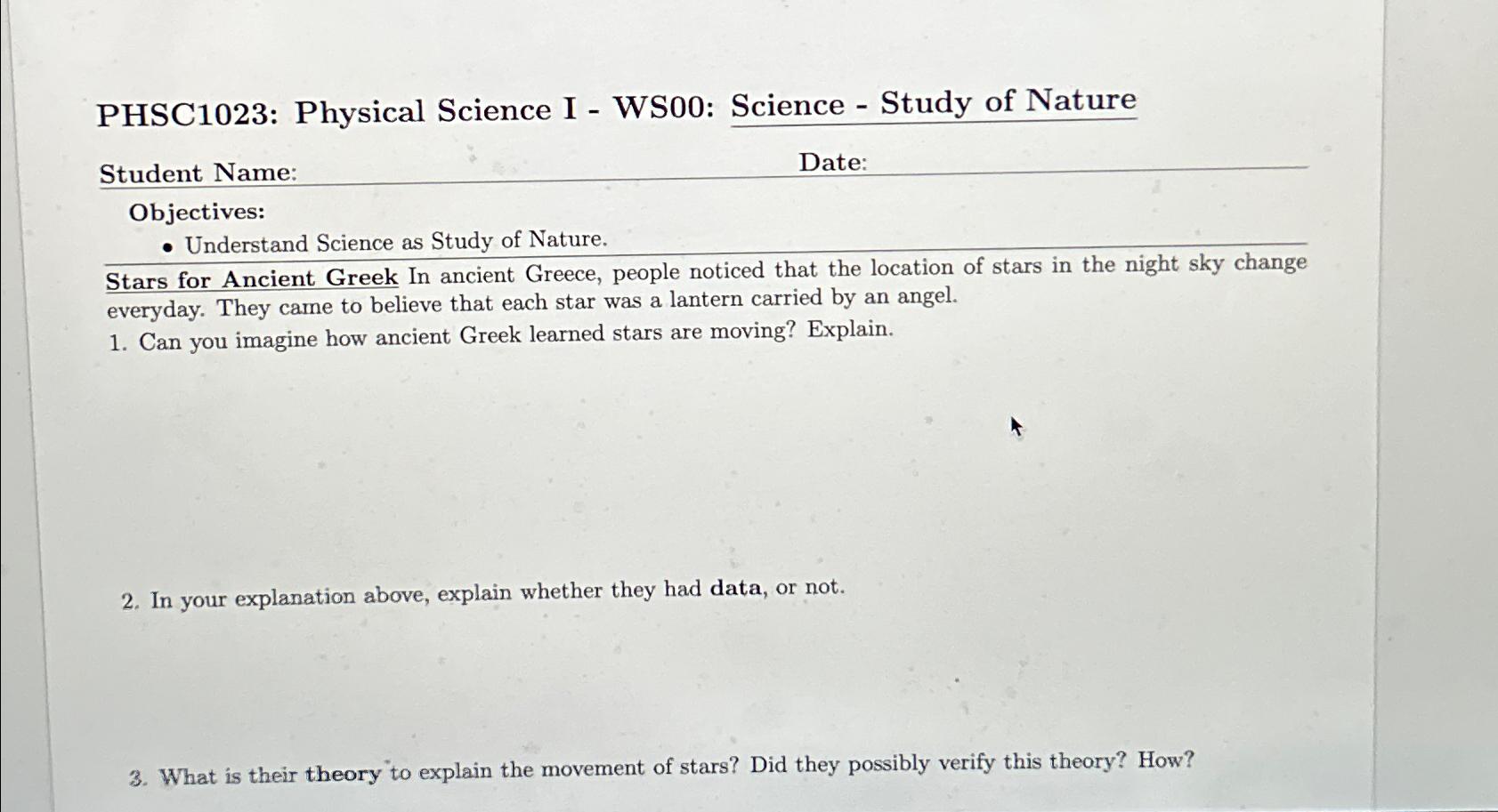 Solved PHSC1023: Physical Science I - ﻿WS00: Science - | Chegg.com