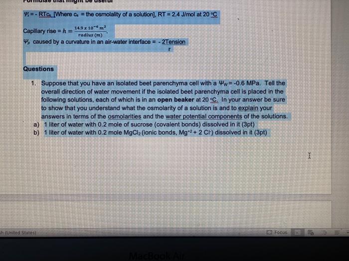 Solved \ =- RTC Where c = the osmolality of a solution), RT | Chegg.com