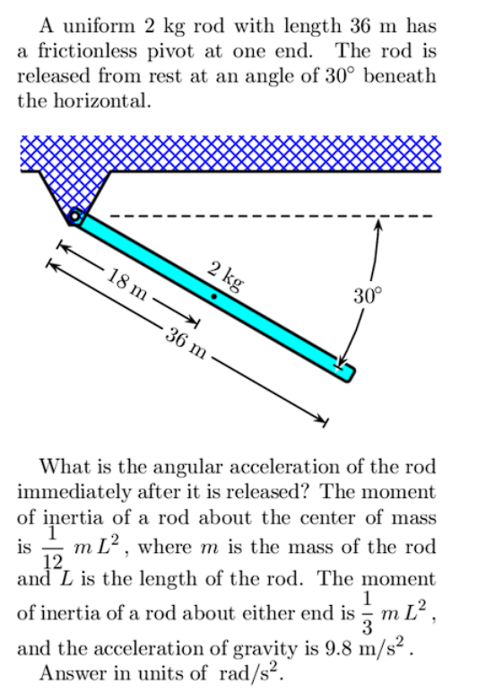 Solved A uniform 2kg ﻿rod with length 36m ﻿hasa frictionless | Chegg.com