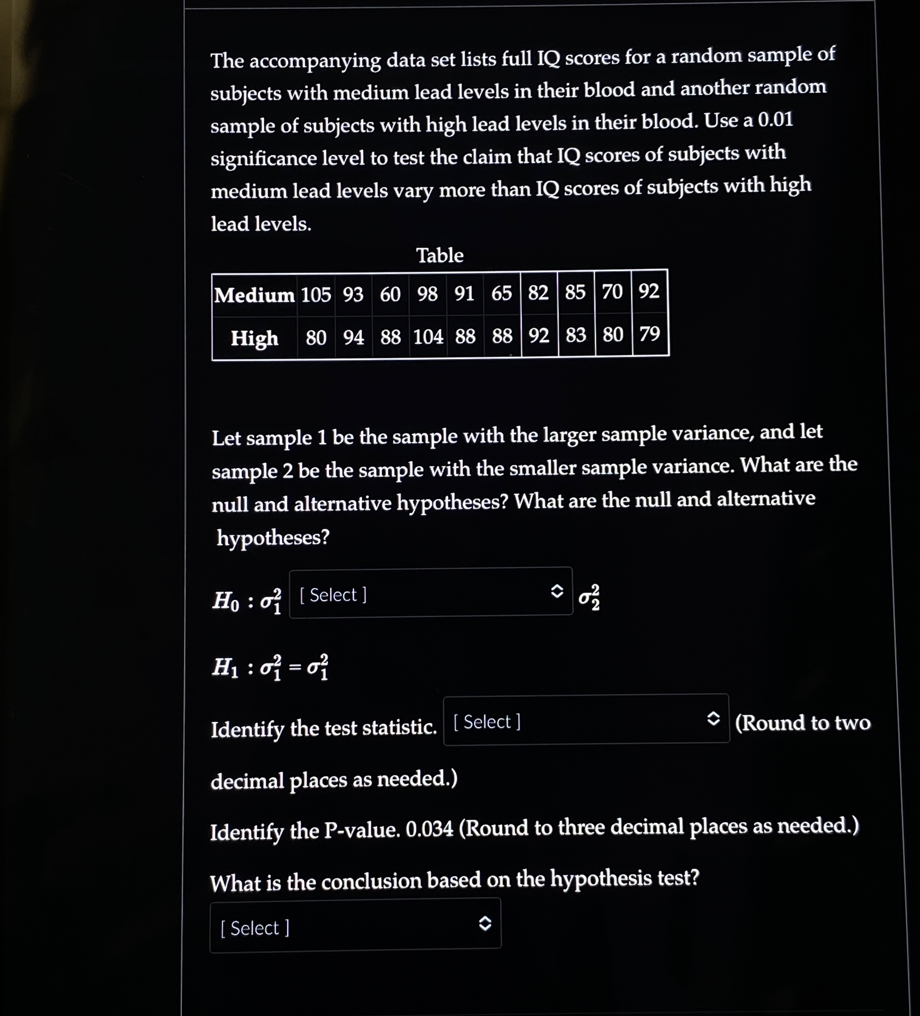 Solved The accompanying data set lists full IQ scores for a | Chegg.com