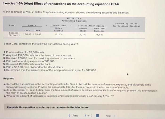 Solved Exercise 1-6A (Algo) Effect of transactions on the | Chegg.com