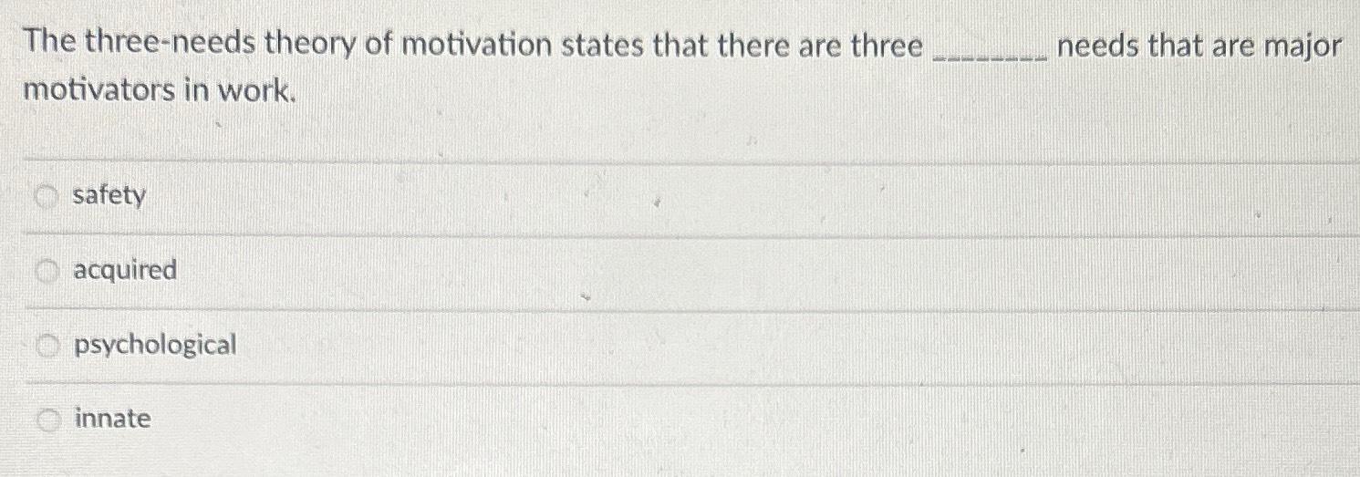 Solved The three-needs theory of motivation states that | Chegg.com