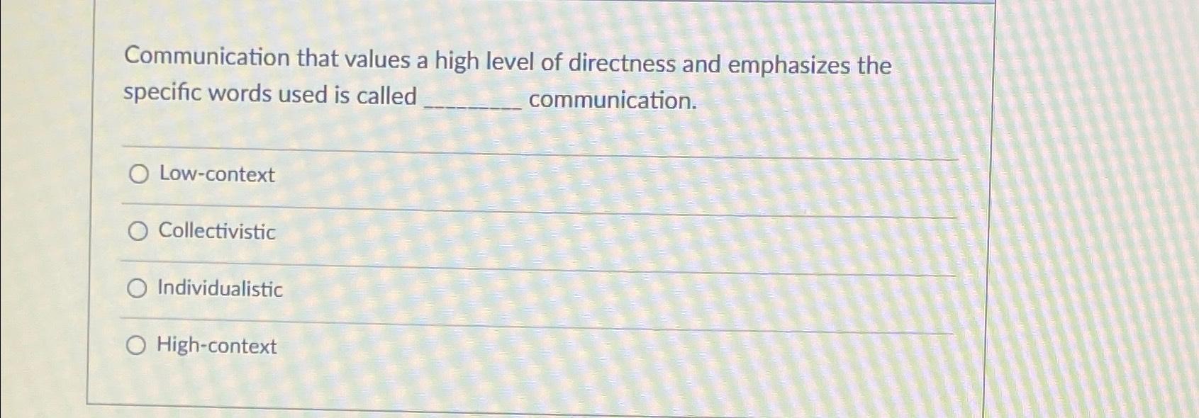 Solved Communication that values a high level of directness | Chegg.com