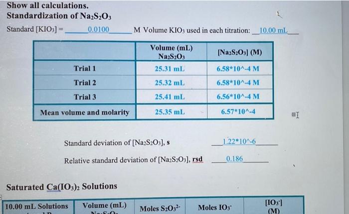 Solved Show all calculations. Standardization of Na2S2O3 | Chegg.com