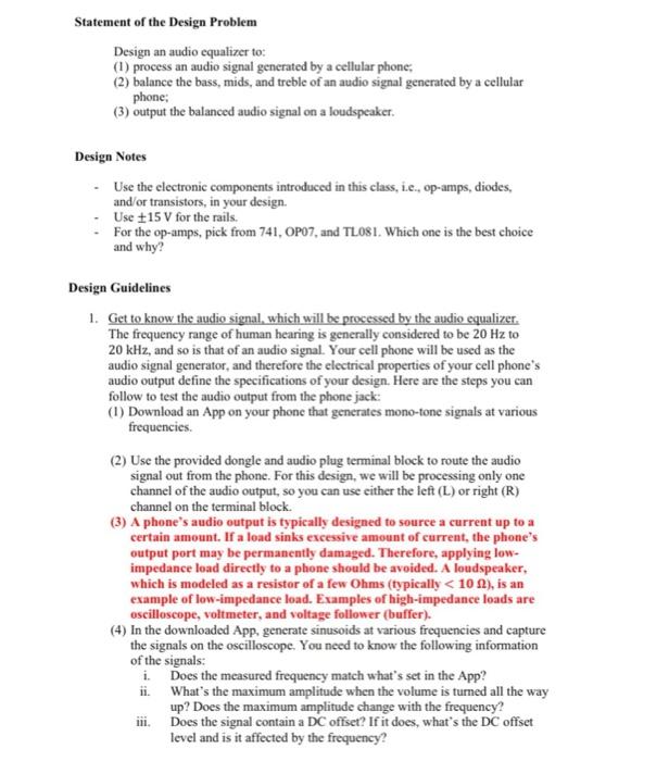 Solved Statement of the Design Problem Design an audio | Chegg.com
