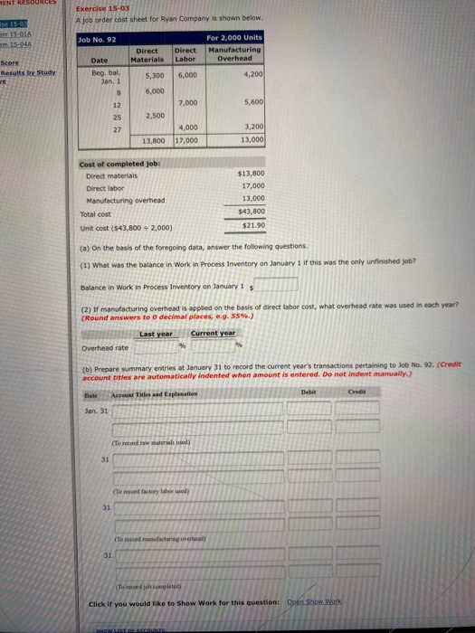 Solved MENT RESOURCES Exercise 15-03 A job order cost sheet | Chegg.com