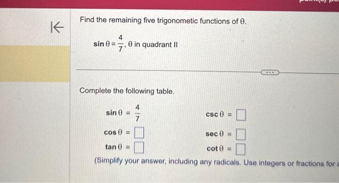 Solved Find the remaining five trigonometic functions of θ. | Chegg.com