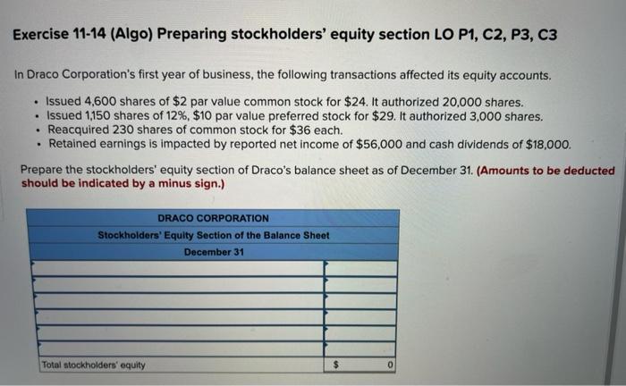 Solved Exercise 11-14 (Algo) Preparing stockholders' equity | Chegg.com