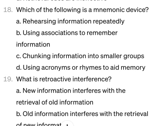 Solved Which of the following is a mnemonic device?a. | Chegg.com