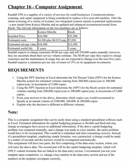 Solved Chapter 16 - Computer Assignment Randall UPS is a | Chegg.com