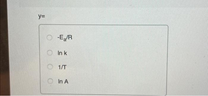 Solved y= −Ea/R In k 1/T lnA | Chegg.com