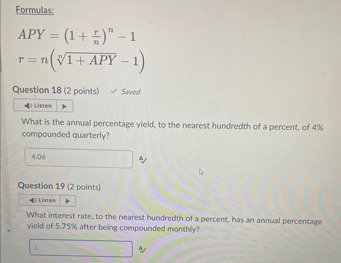 Solved Formulas: APY=(1+nr)n−1r=n(n1+APY−1) Question 18 (2 | Chegg.com
