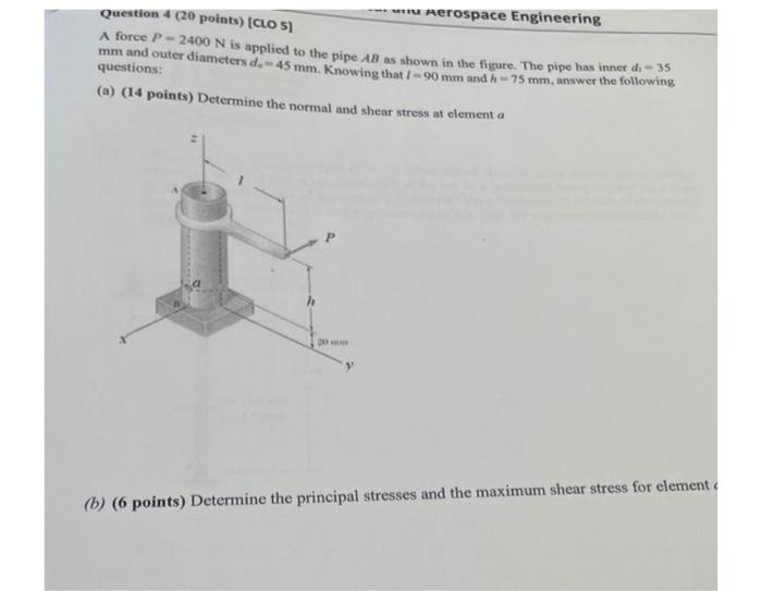 Solved A force P=2400 N is applied to the pipe AB as shown | Chegg.com
