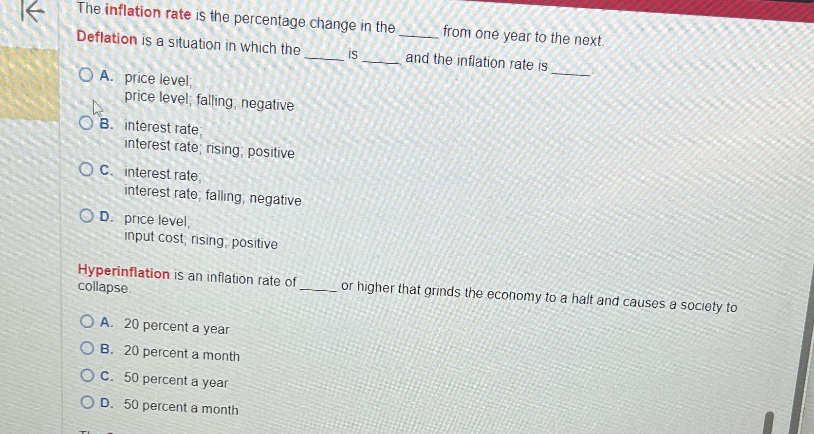 Solved The inflation rate is the percentage change in the | Chegg.com
