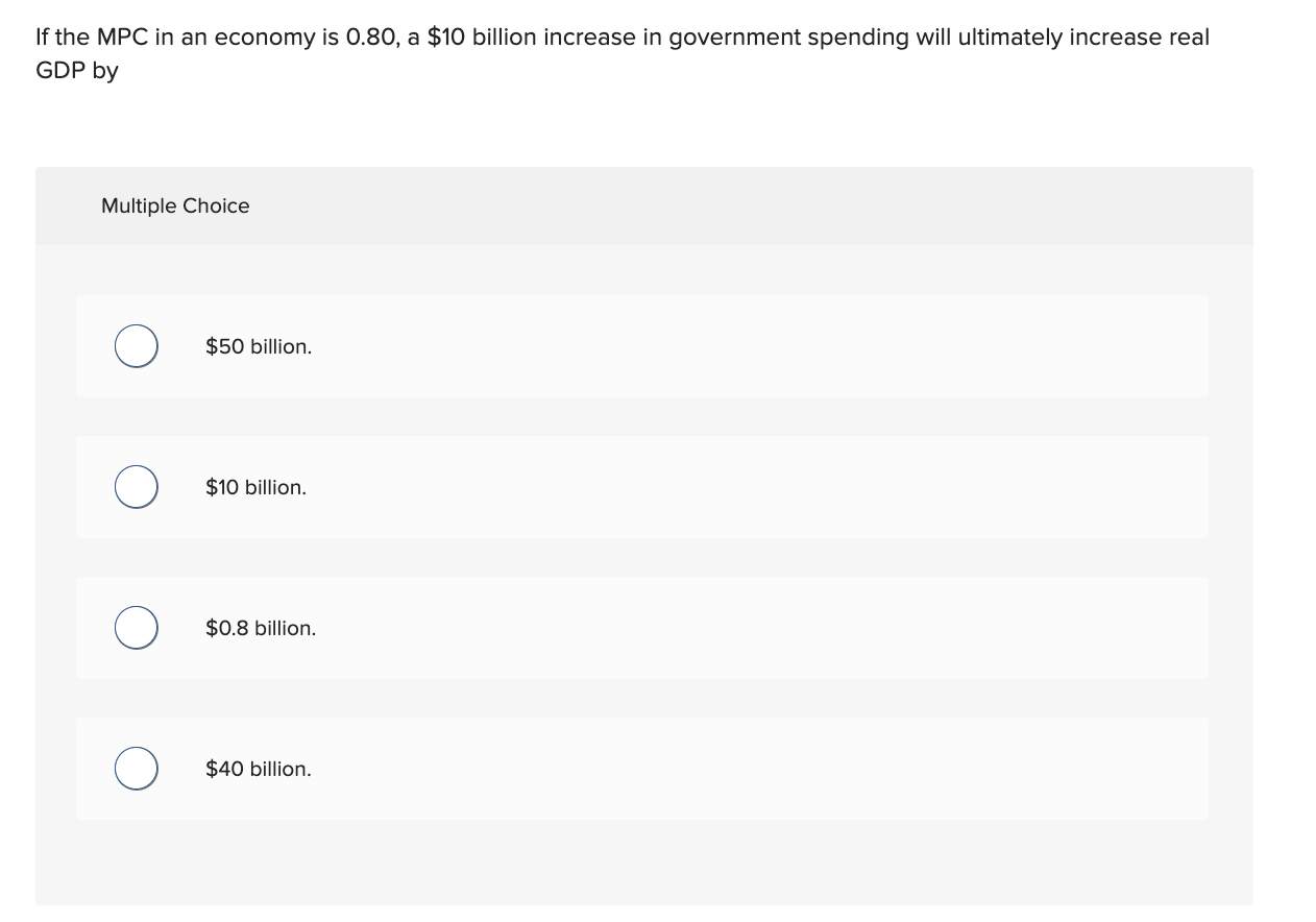 Solved If the MPC in an economy is 0.80 , ﻿a $10 ﻿billion | Chegg.com