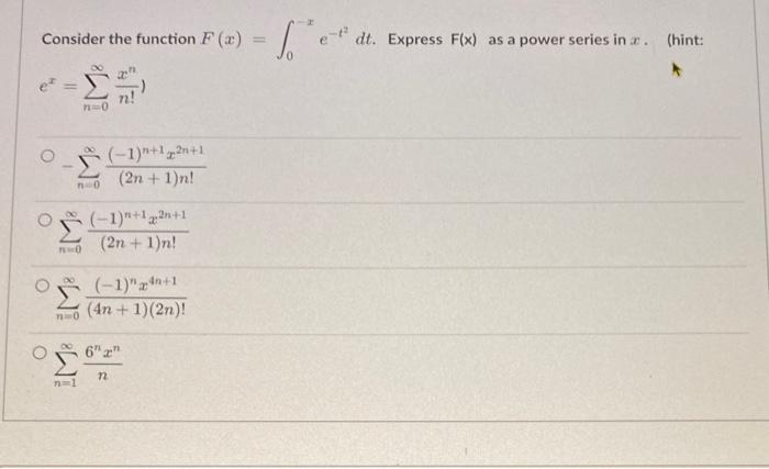 Solved Consider the function F(x)=∫0−xe−t2dt. Express F(x) | Chegg.com