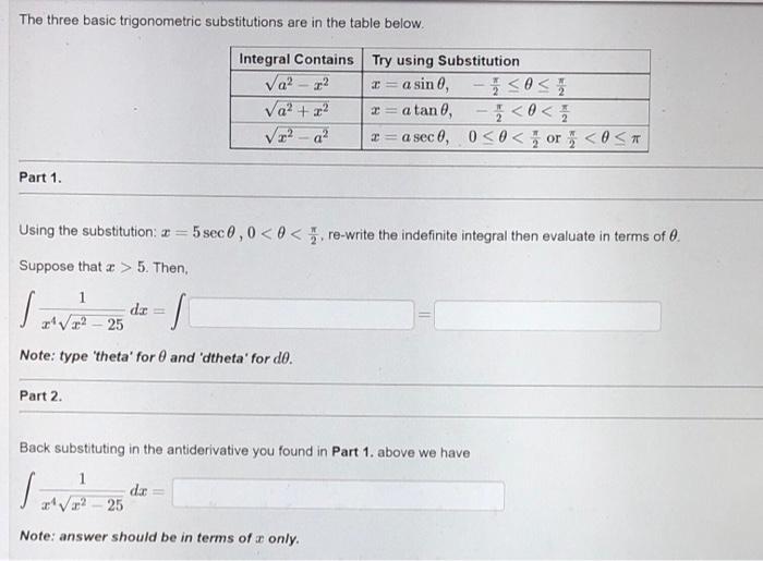 Solved The three basic trigonometric substitutions are in | Chegg.com
