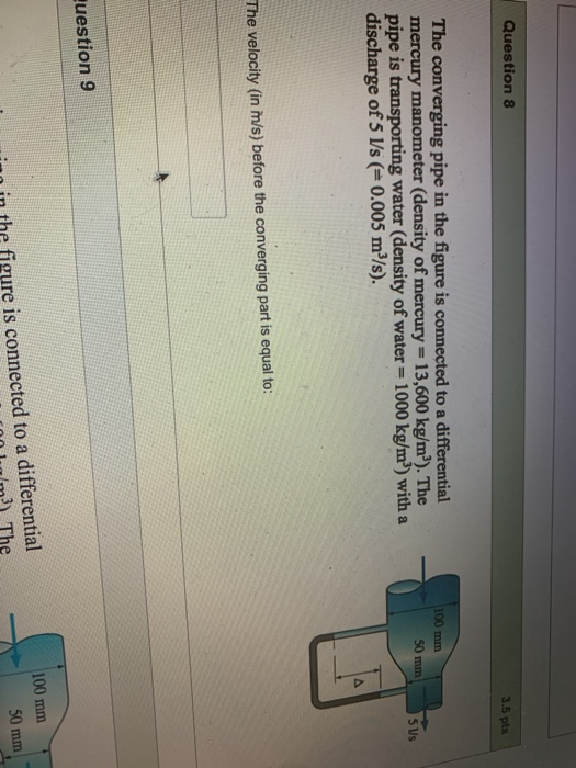 Solved Question 8 3.5 pts 100 mm 50 mm The converging pipe | Chegg.com