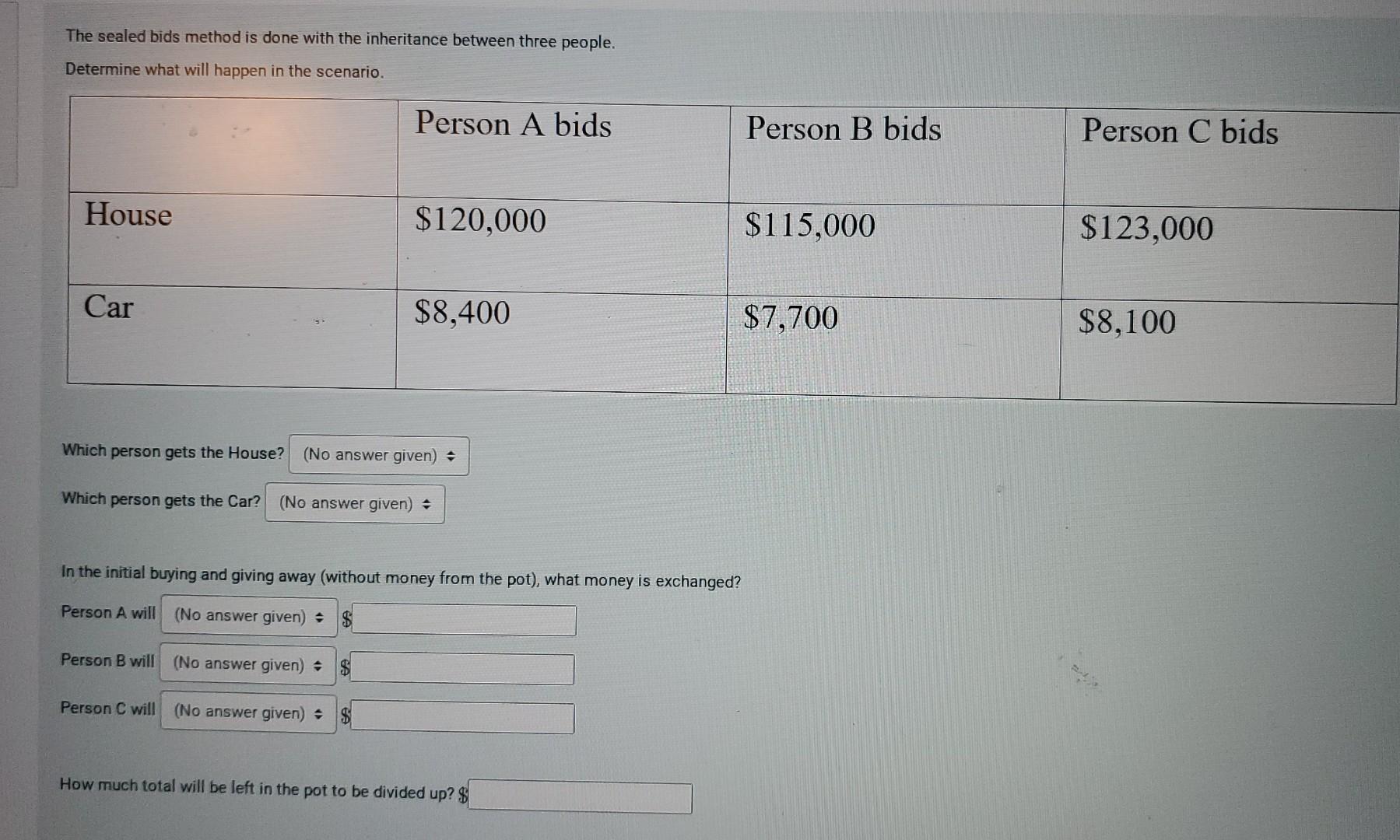 Solved The sealed bids method is done with the inheritance | Chegg.com