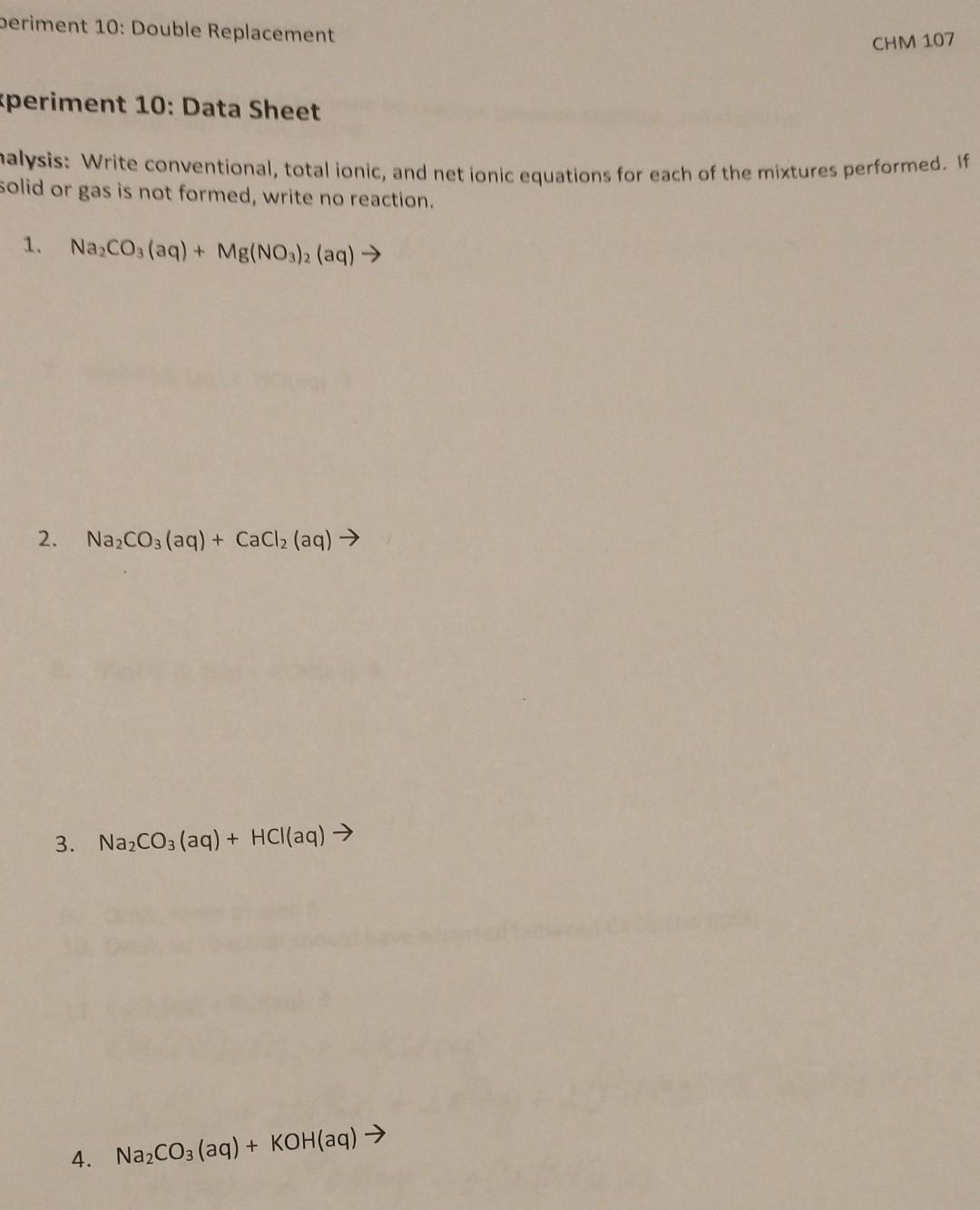 Solved Deriment 10: Double Replacement CHM 107 xperiment 10: | Chegg.com