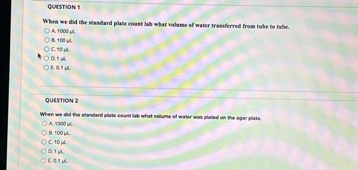 Solved QUESTION 1 When we did the standard plate count lab | Chegg.com