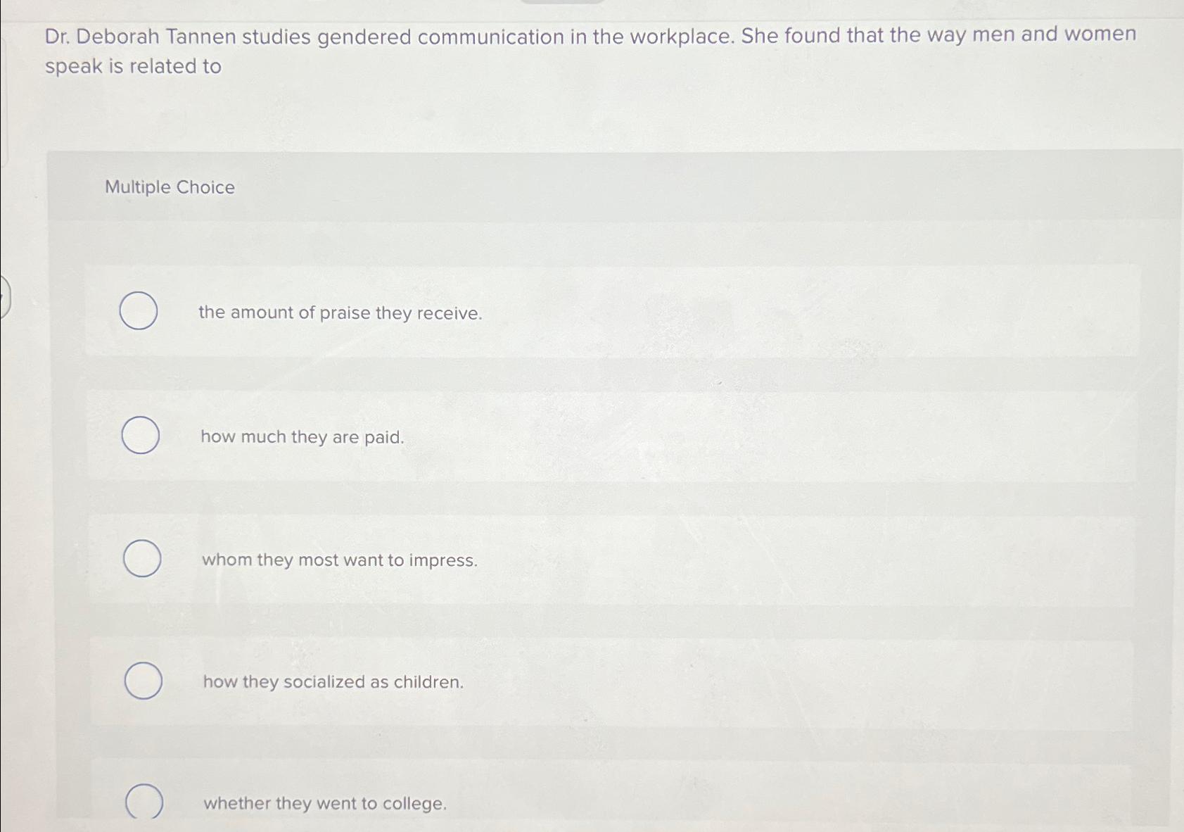 Solved Dr. ﻿Deborah Tannen studies gendered communication in | Chegg.com