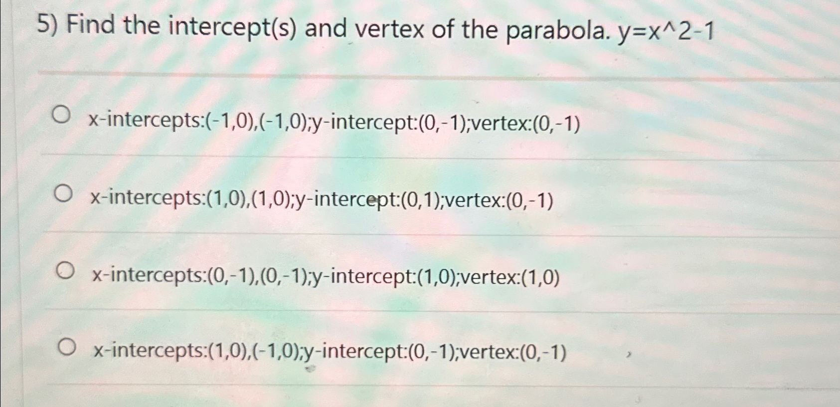 Solved Find the intercept(s) ﻿and vertex of the parabola. | Chegg.com