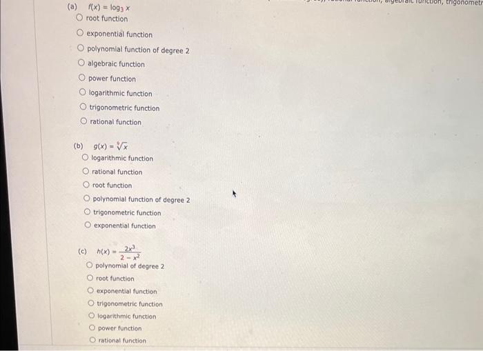 Solved (a) f(x)=log3x root function exponential function | Chegg.com