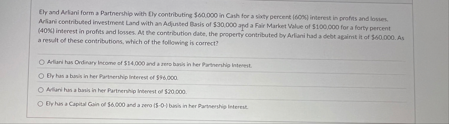 Solved Ely and Arliani form a Partnership with Ely | Chegg.com