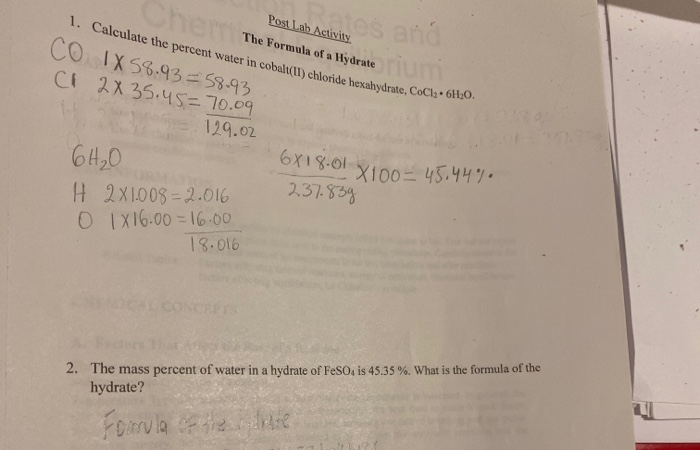Solved Post Lab Activity The Formula of a Hydrate 1. | Chegg.com