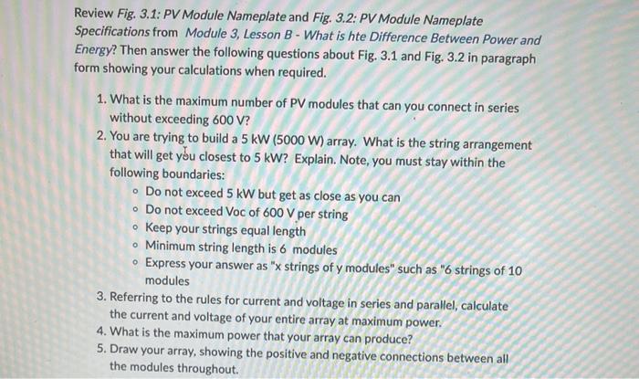 Solved Review Fig. 3.1: PV Module Nameplate and Fig. 3.2: PV | Chegg.com
