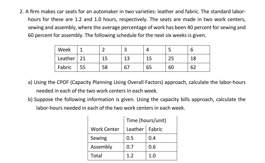 Solved 2. A firm makes car seats for an automaker in two | Chegg.com