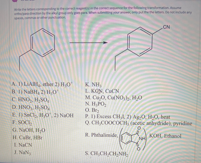 Solved write letters corresponding to the correct reagent in | Chegg.com
