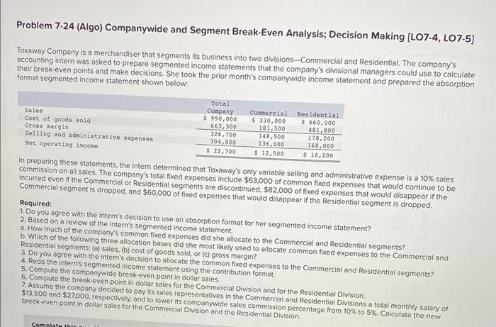 Solved Problem 7-24 (Algo) Companywide and Segment | Chegg.com