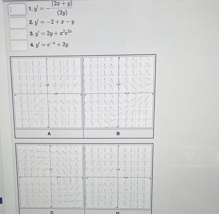 y′=−(2y)(2x+y) y′=−2+x−y y′=2y+x2e2x y′=e−x+2y | Chegg.com