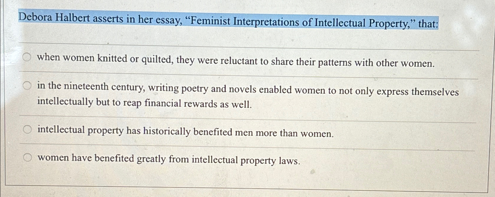 Solved Debora Halbert asserts in her essay, "Feminist | Chegg.com