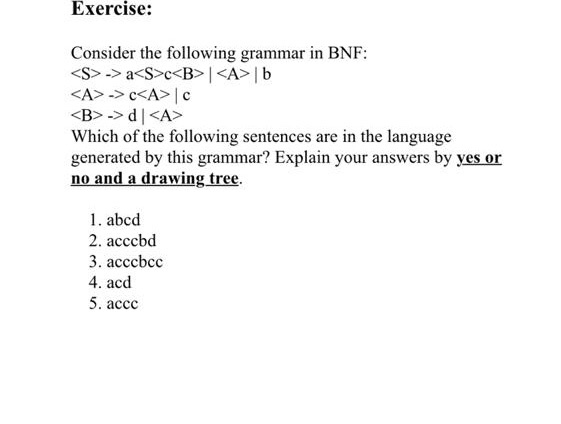 Solved Exercise: Consider the following grammar in BNF: | Chegg.com