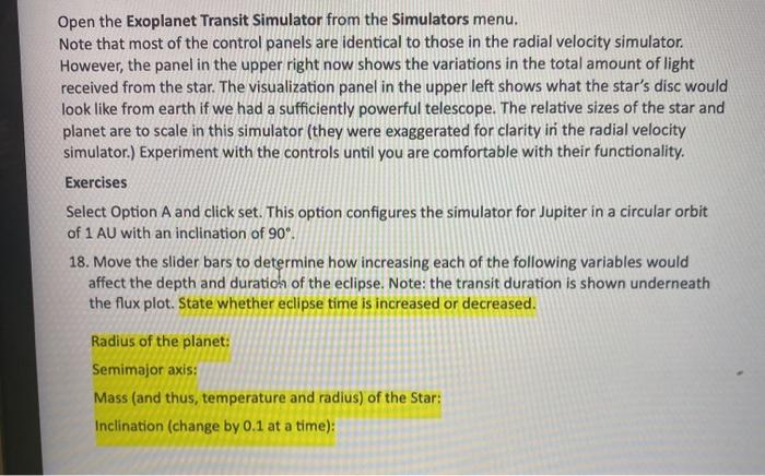 Open the Exoplanet Transit Simulator from the | Chegg.com