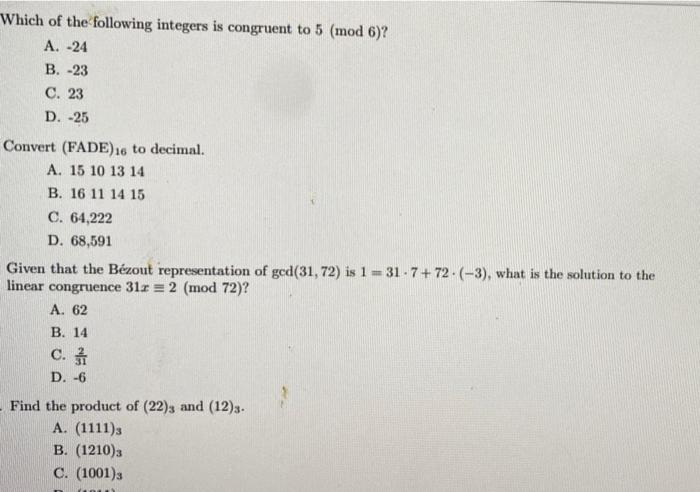 Solved Which of the following integers is congruent to 5 | Chegg.com