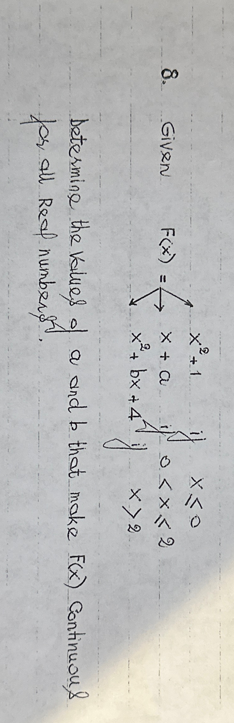 Solved Given F(x)={x2+1 if x≤0x+a if 02Determine the vilues | Chegg.com