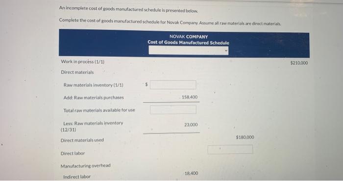 Solved An incomplete cost of goods manufactured schedule is | Chegg.com
