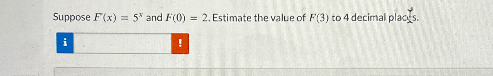 Solved Suppose F'(x)=5x ﻿and F(0)=2. ﻿Estimate the value of | Chegg.com