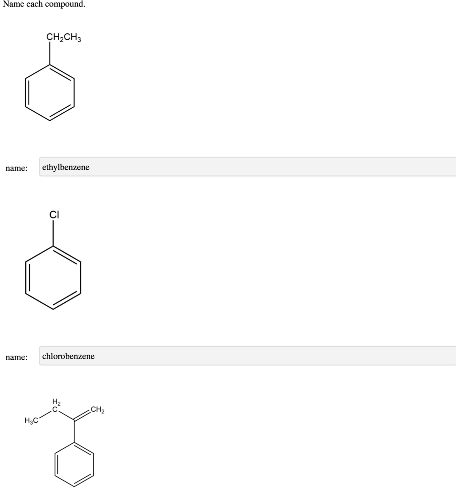 Solved Name each compound.name: ethylbenzenename: | Chegg.com