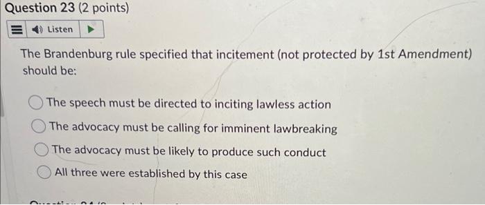 The Brandenburg rule specified that incitement (not | Chegg.com