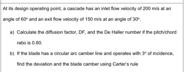 Solved At its design operating point, a cascade has an inlet | Chegg.com