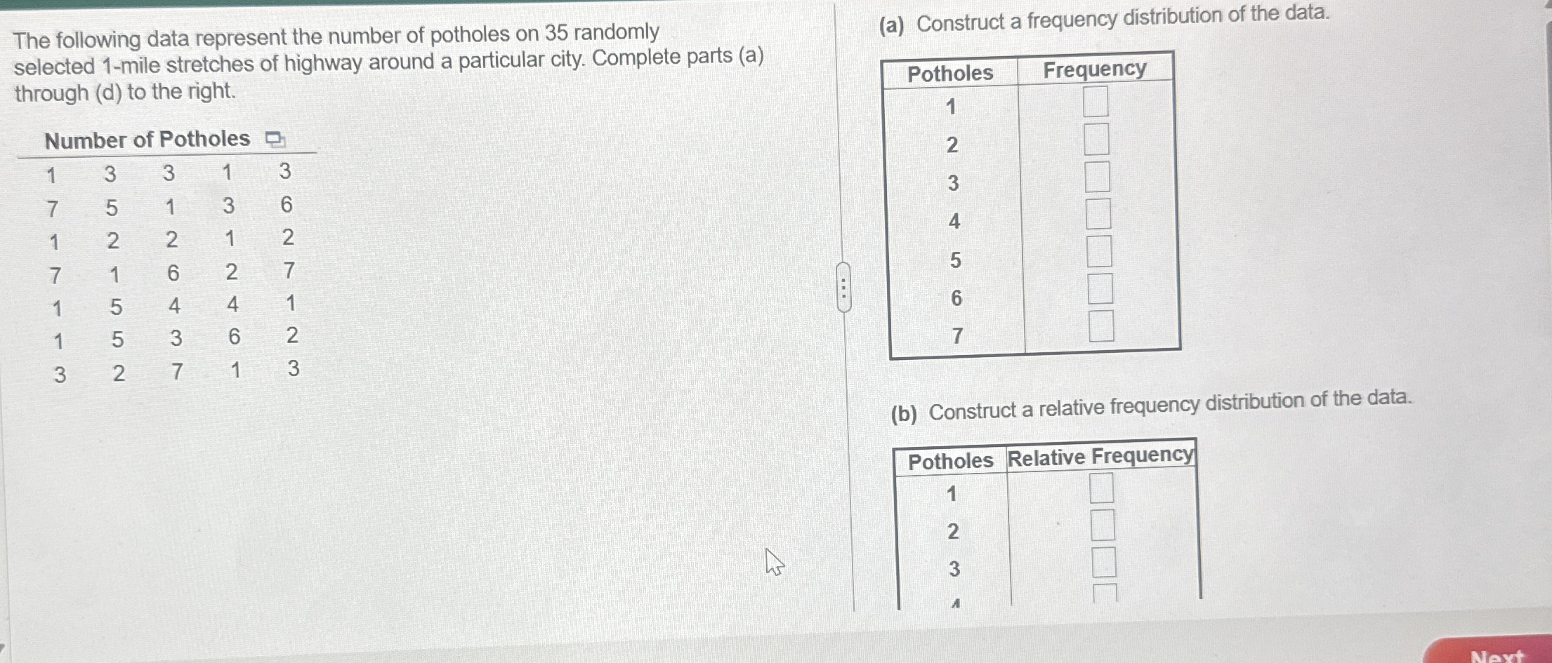 Solved The following data represent the number of potholes | Chegg.com